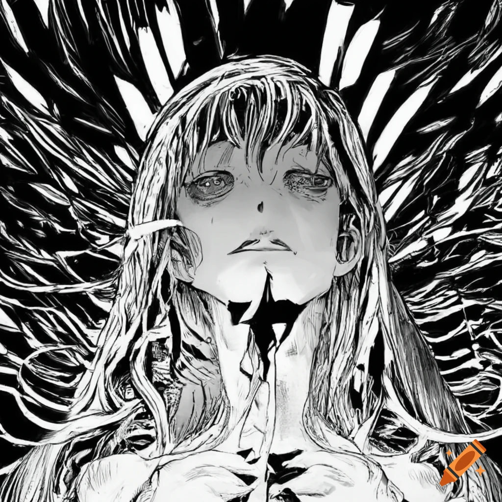 Black and white highly detailed manga panel with sharp outline on Craiyon