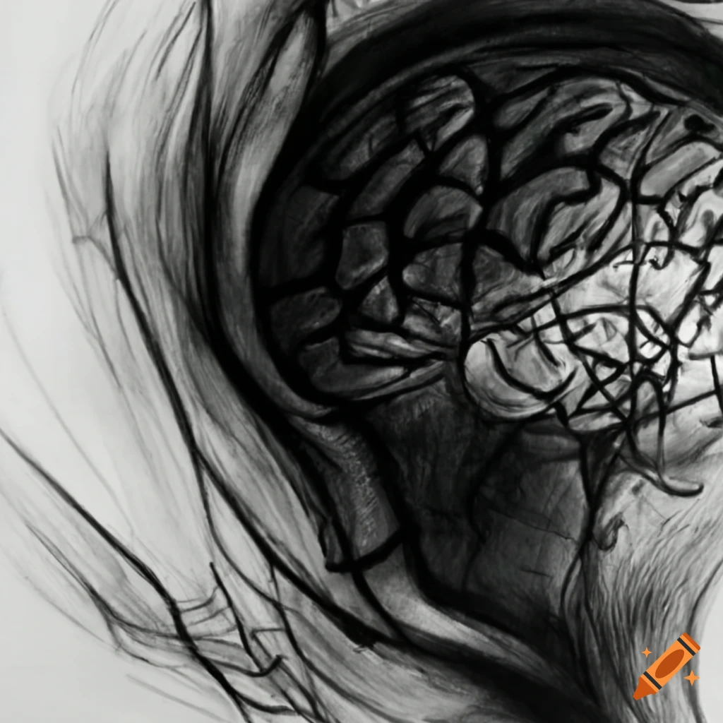 Abstract black and white charcoal drawing depicting dementia on Craiyon
