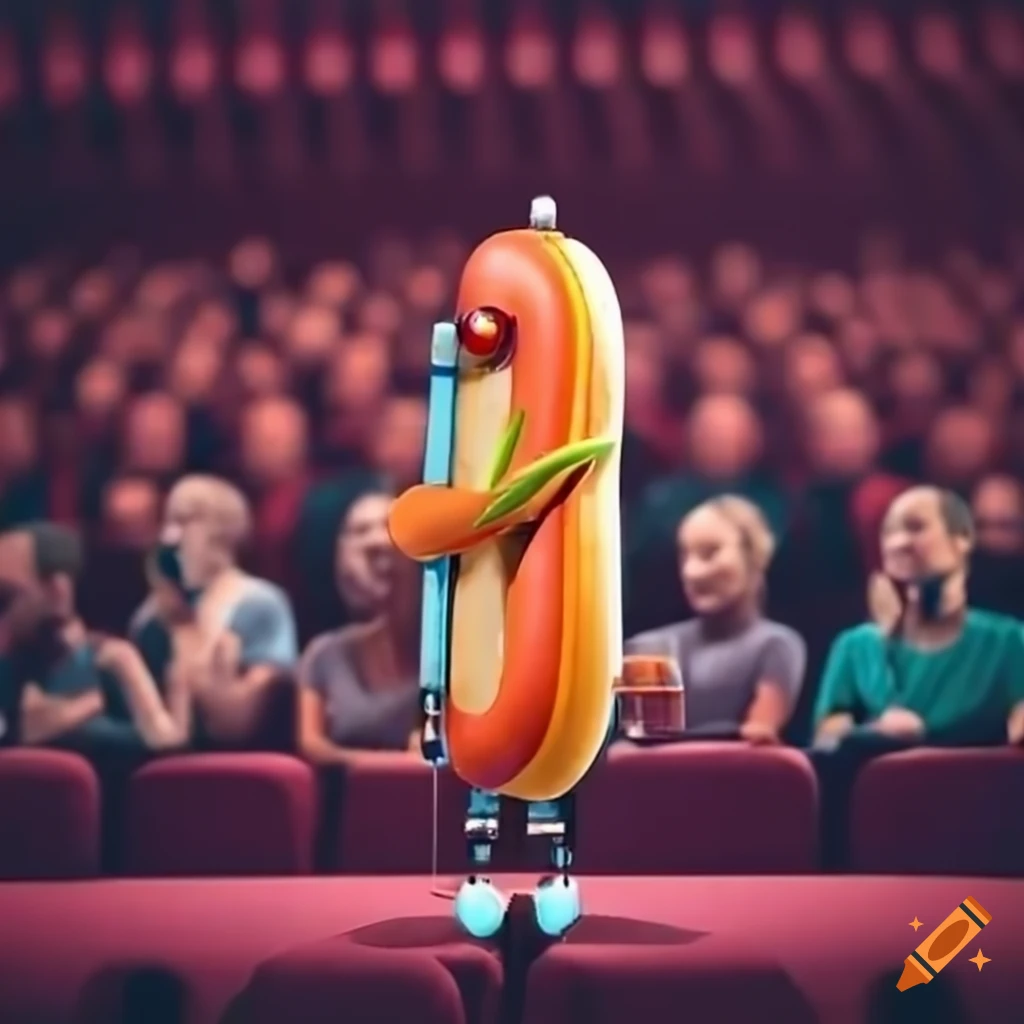 Robotic hot dog with microphone on stage in a crowded theater on Craiyon