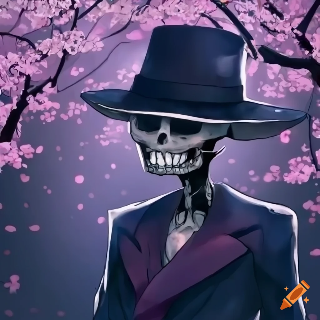 Smiling skeleton in fedora amidst blooming cherry blossom trees in ...