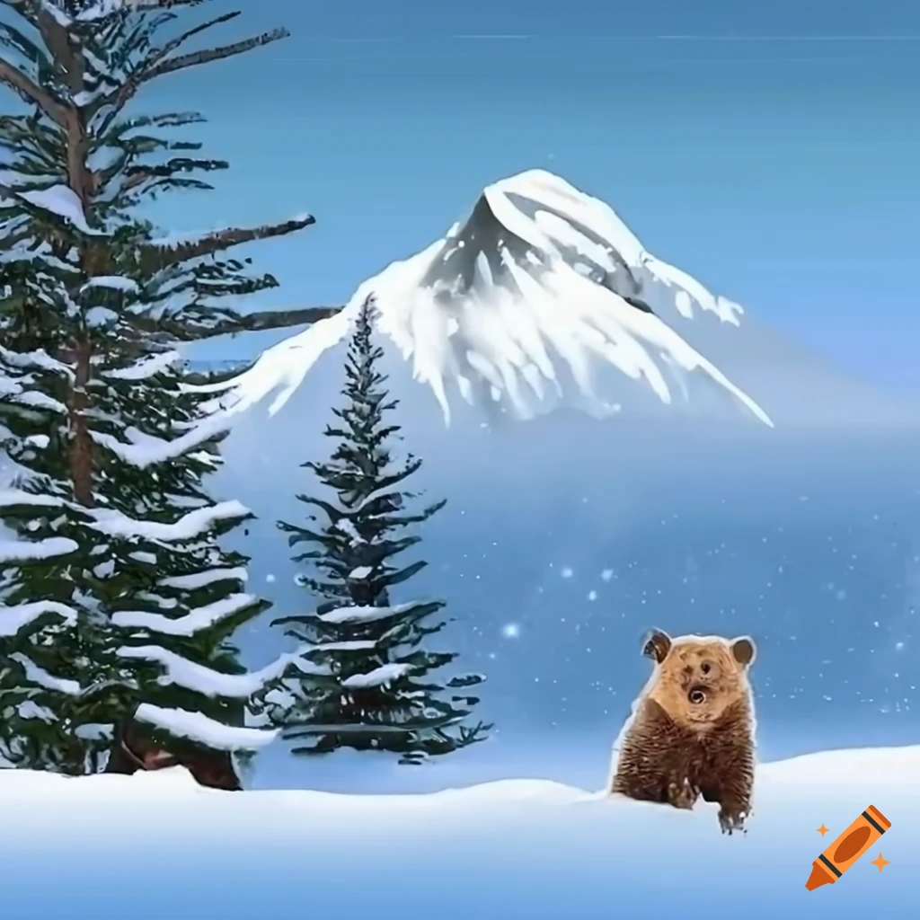 Realistic winter scene titled january with skiiers, pine trees, grizzly ...