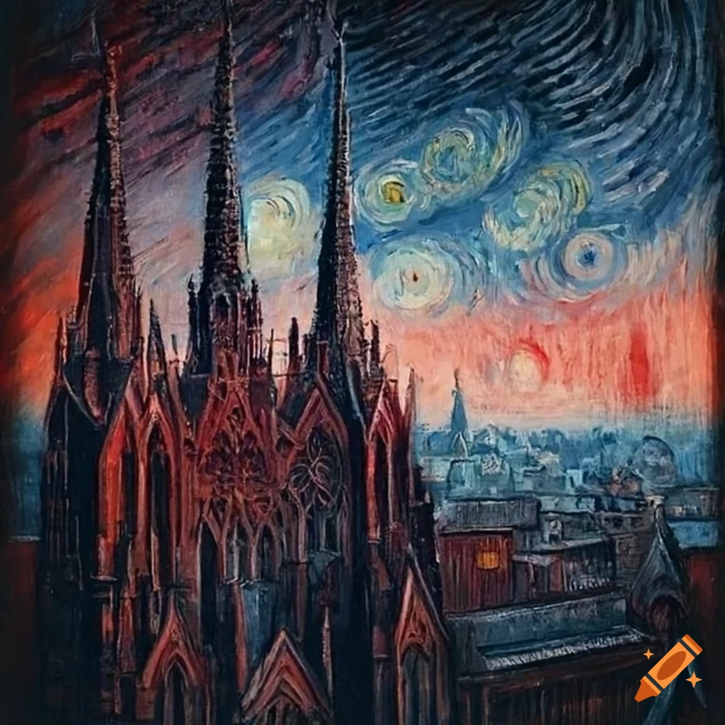 Antique gothic architecture in the city of the underworld with red ...