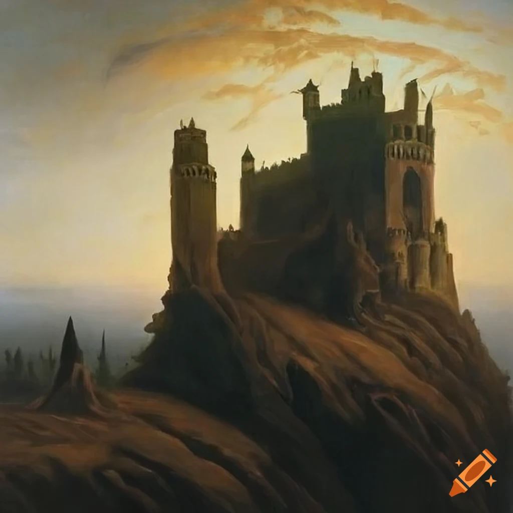 Sinister castle with tower in a sunset painting by caspar david ...