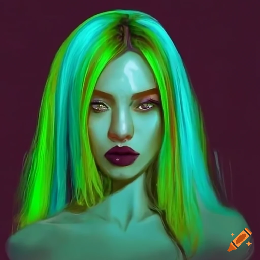 Woman with long lime-green neon hair and piercing nails, surrounded by ...