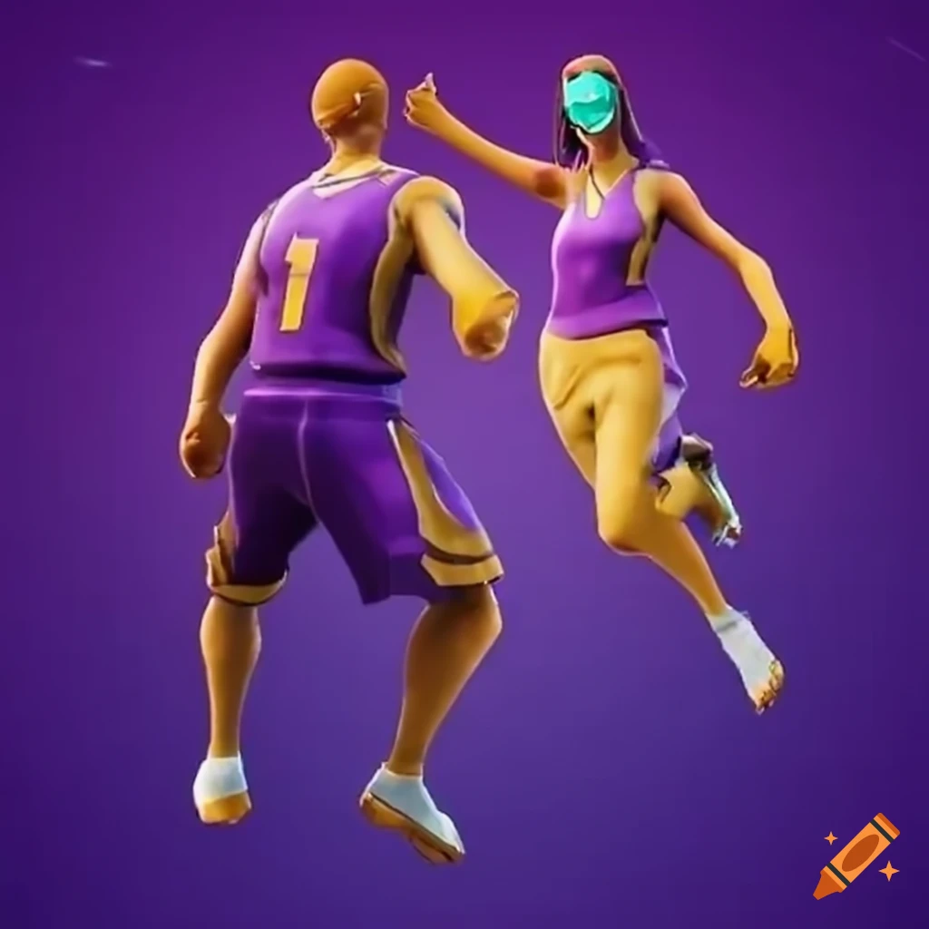 Fortnite character doing victory dance in purple and gold basketball ...