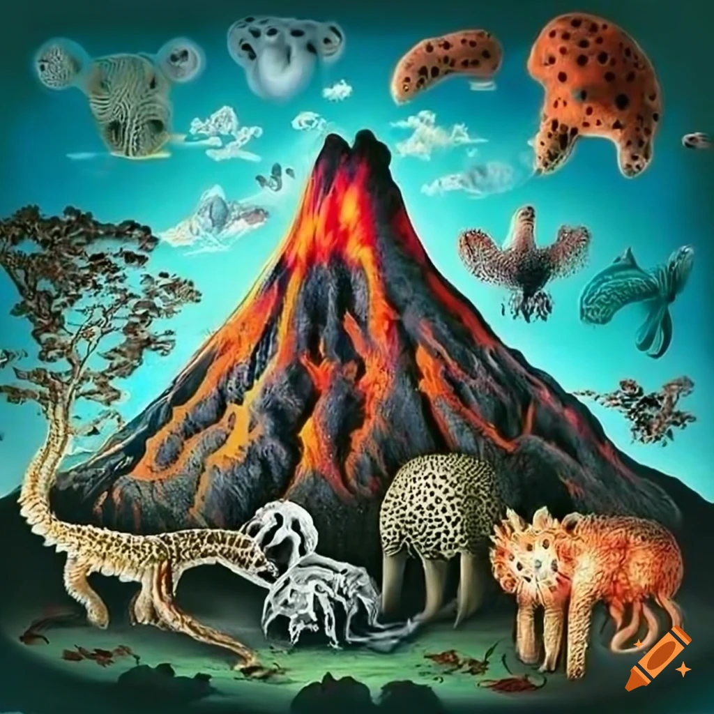 Haeckel cute animals in a volcanic landscape on Craiyon