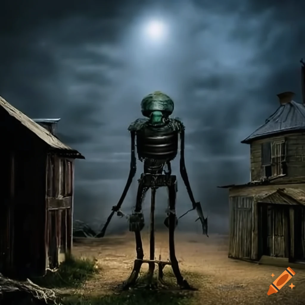 War of the worlds alien machine standing over a farm house in a ...