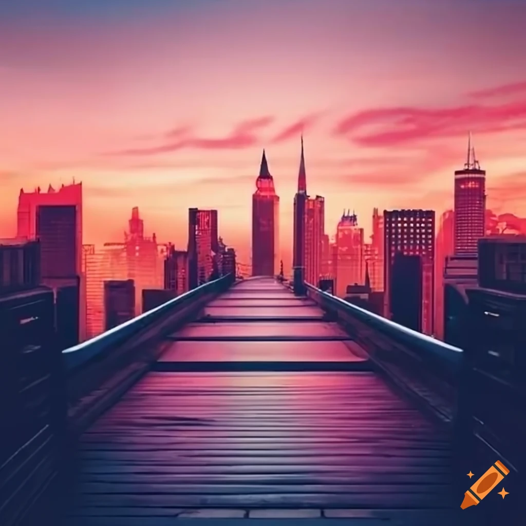 City skyline view from the sidewalk on Craiyon