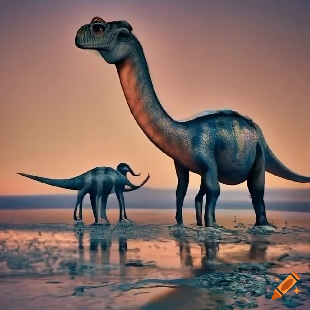 Diplodocus and hadrosaurus dinosaurs in a british columbia mudflat in ...