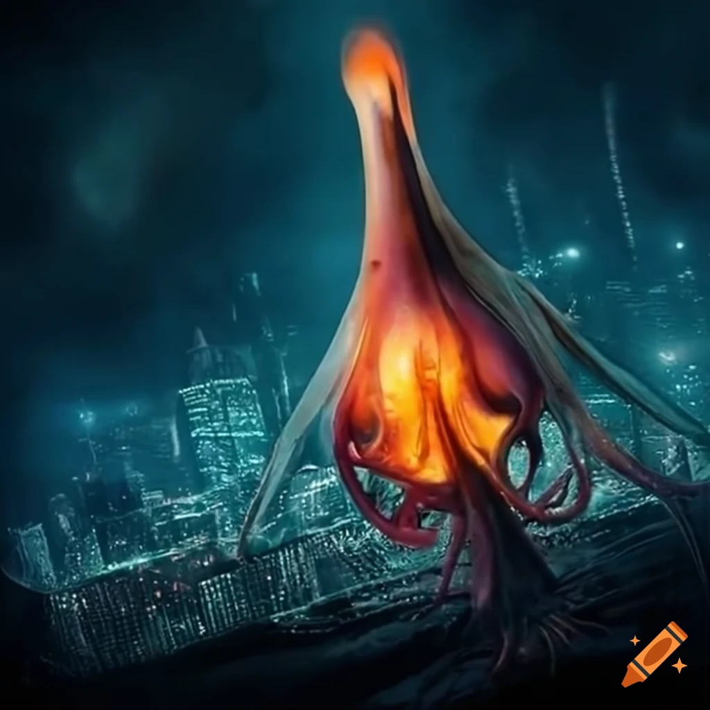 Giant alien squid flying over a burning city on Craiyon