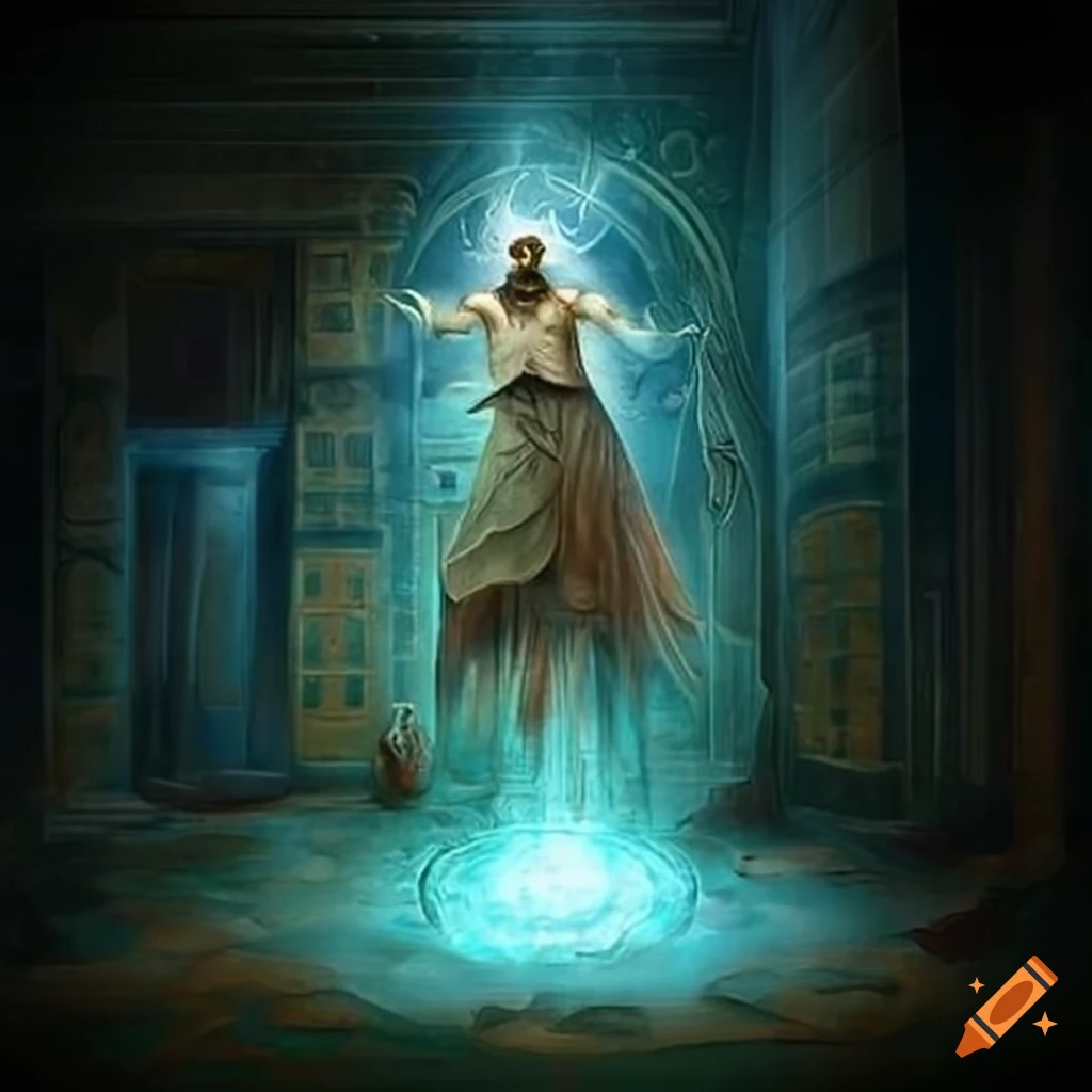 Ancient babylonian wizard spirit floating in a tomb on Craiyon