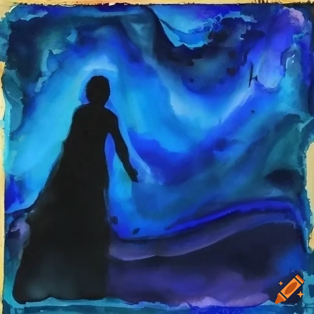 Shadowy figure gazing at a starry night sky in a contemplative painting ...