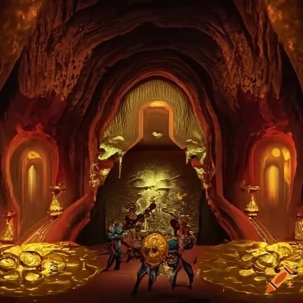 Adventurous heroes in a treasure-filled mysterious cave with a large ...