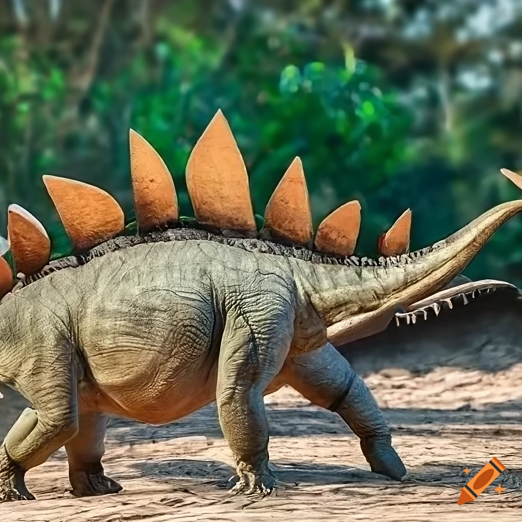Striped stegosaurus with detailed elephant-like skin texture in warm ...