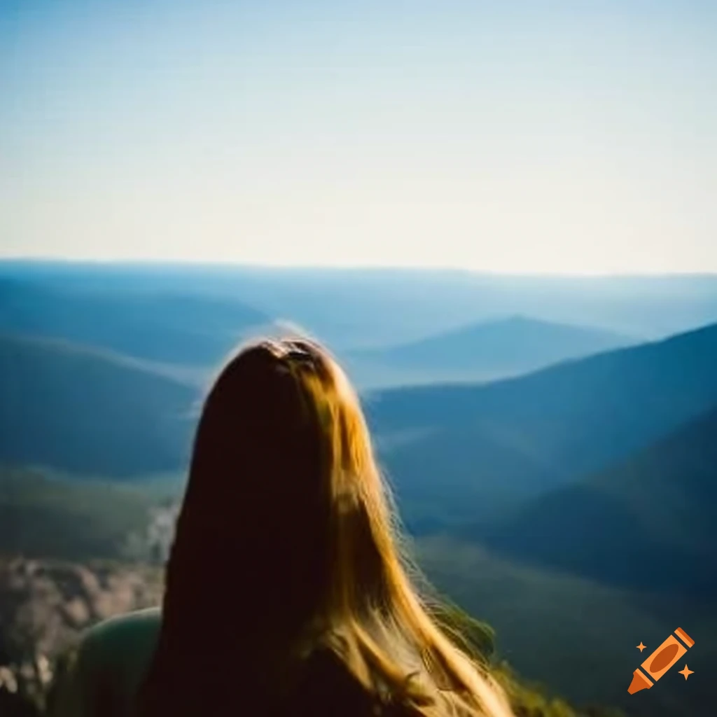 Explorer looking out from a mountain top into the distance on Craiyon