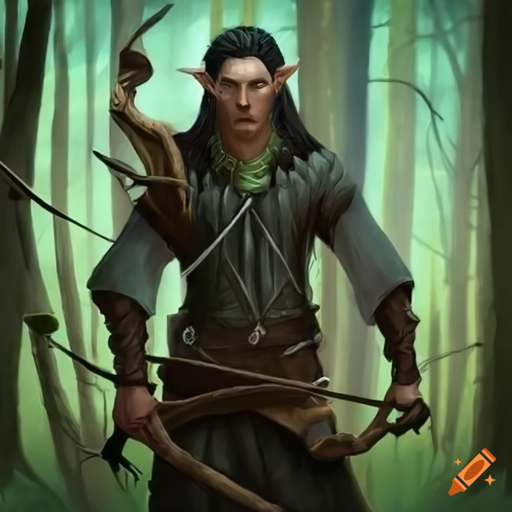 Grey-skinned elf with black hair hunting in the forest with a bow on ...