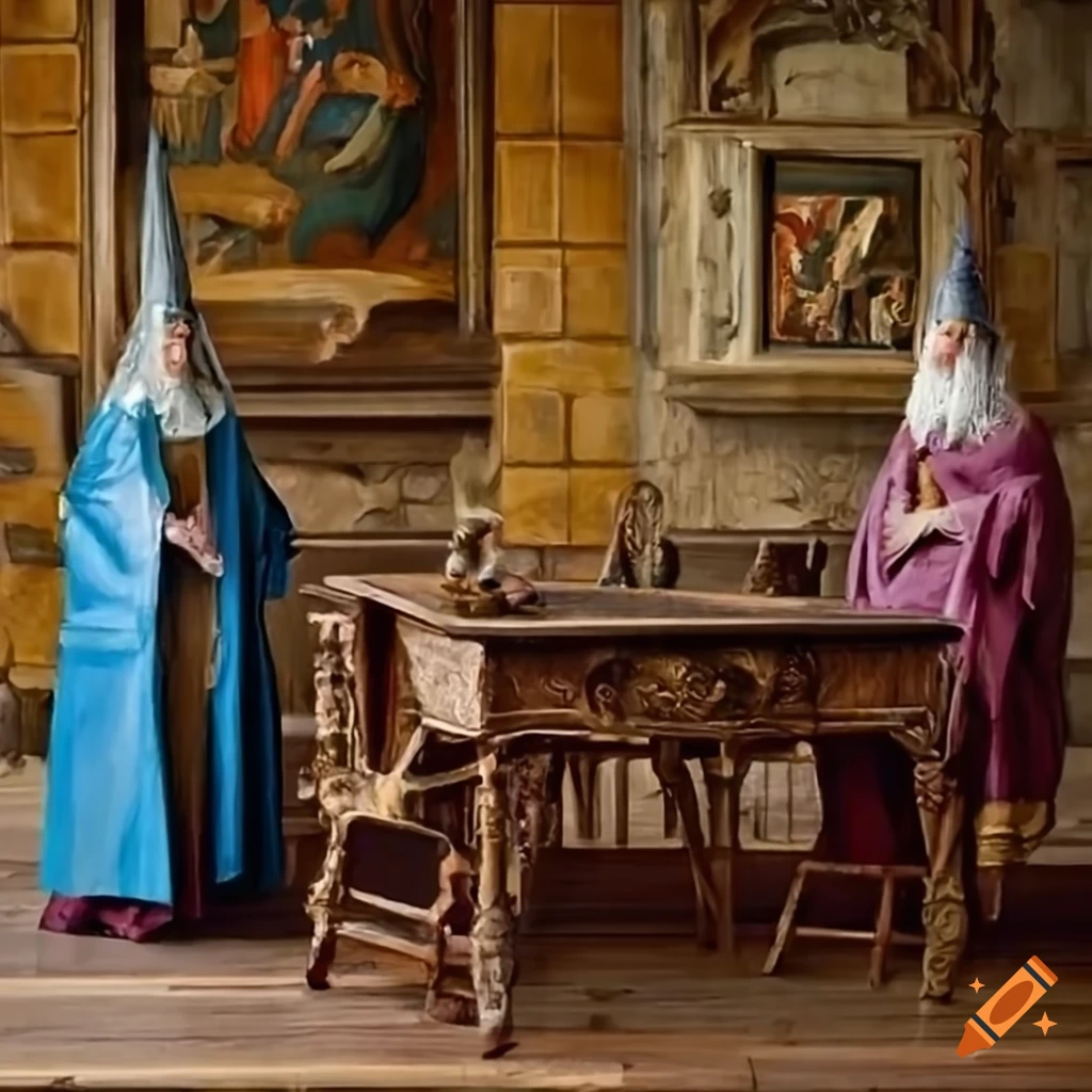 Five wizards around a wood table in a castle painting on Craiyon