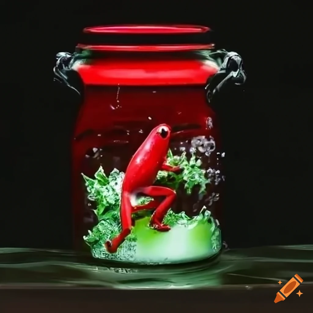 Vividly lit glass jar with a red poison dart frog on Craiyon