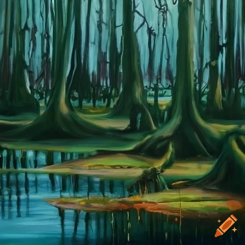 Acrylic paintings of a swamp on Craiyon