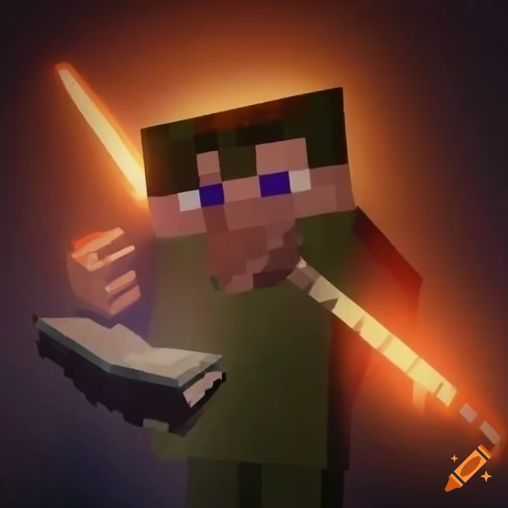 Minecraft player holding a book and a sword on Craiyon