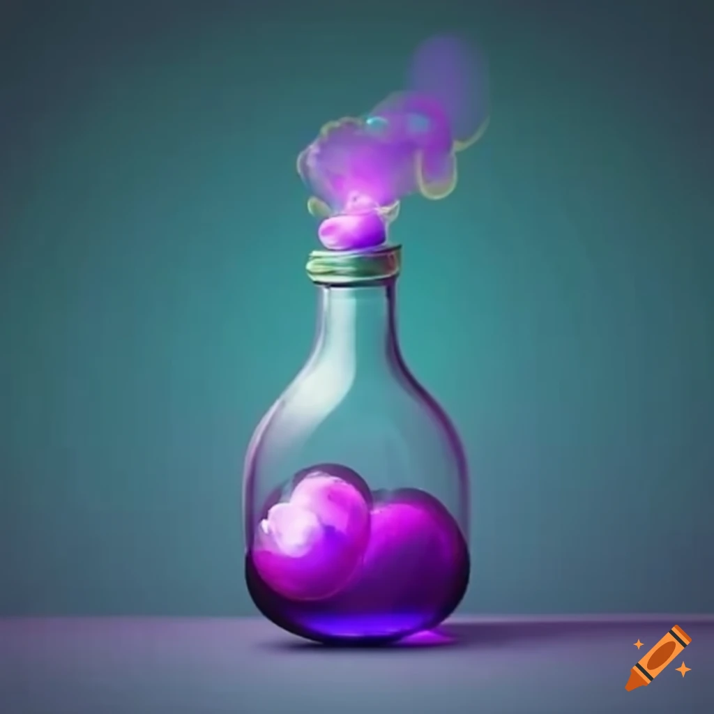 Round magic potions bottle with purple bubble explosion on Craiyon