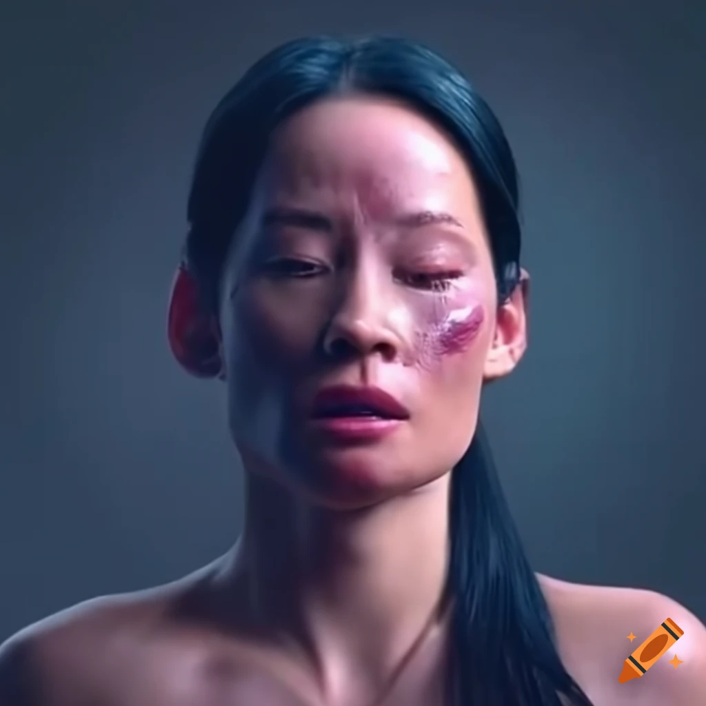 Lucy liu martial fighter with bruised face expression on Craiyon