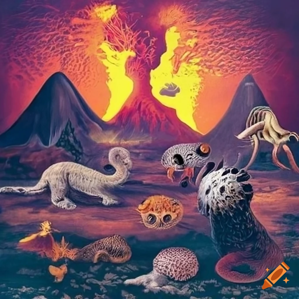 Haeckel cute animals in a volcanic landscape on Craiyon