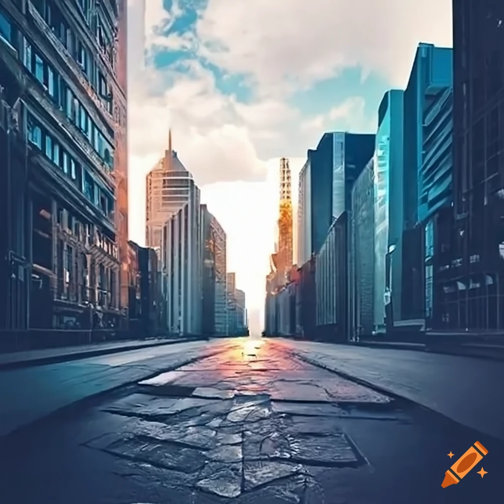 City skyline view from the sidewalk on Craiyon