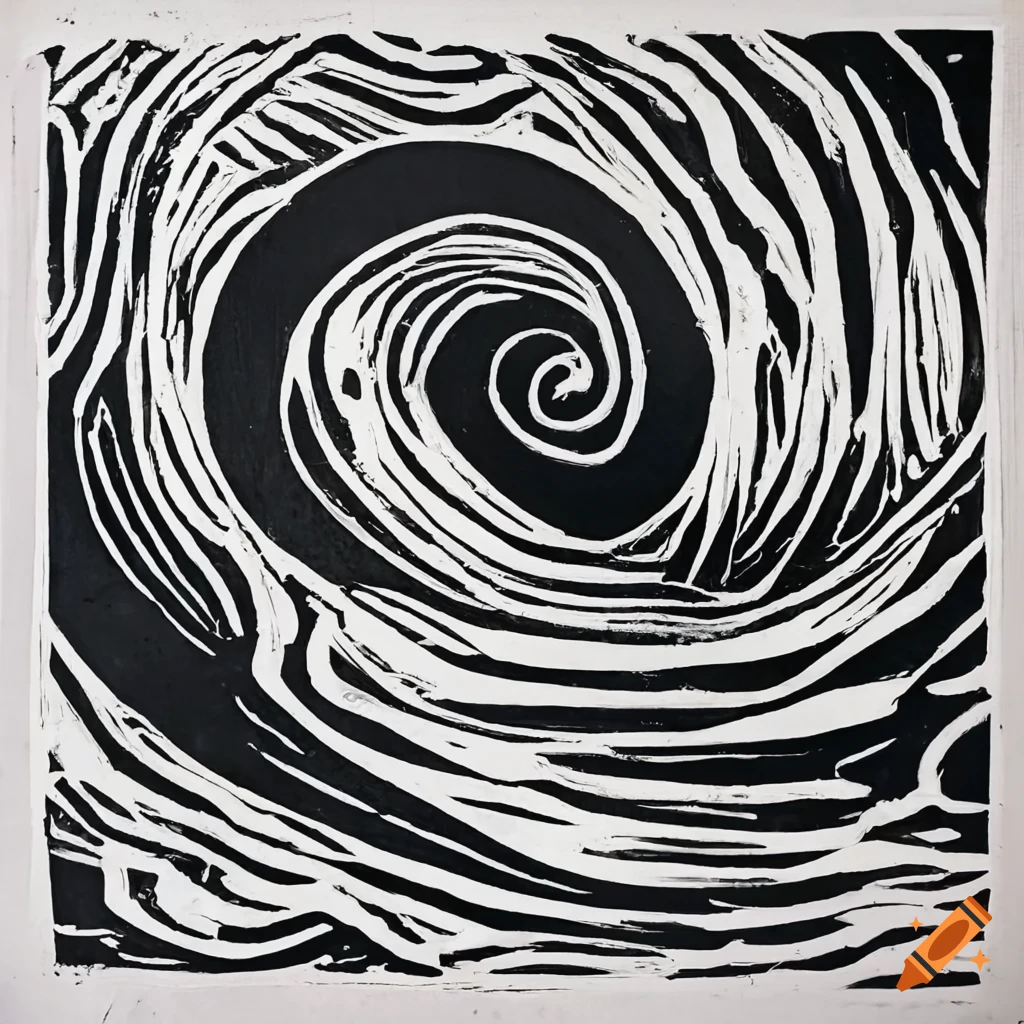 Black and white lino print of ocean waves on Craiyon