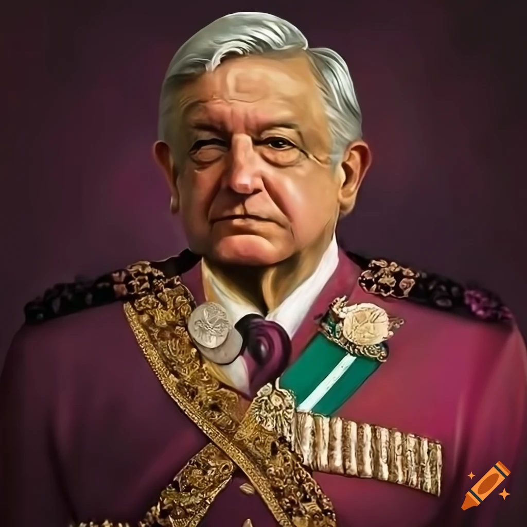 Amlo in majestic attire posing for an oil portrait on Craiyon
