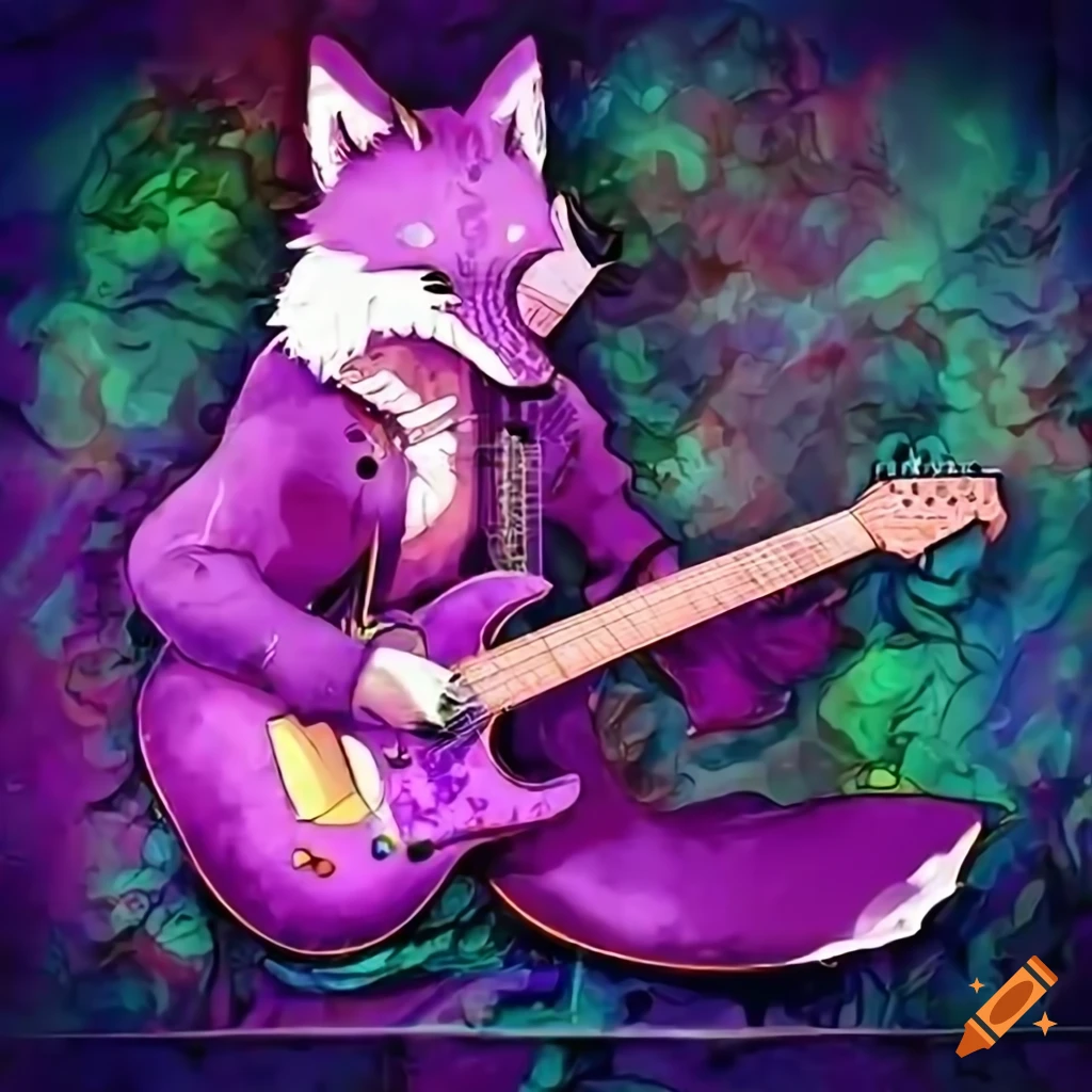 Purple fox playing guitar on colorful rock wall in modern art style on ...