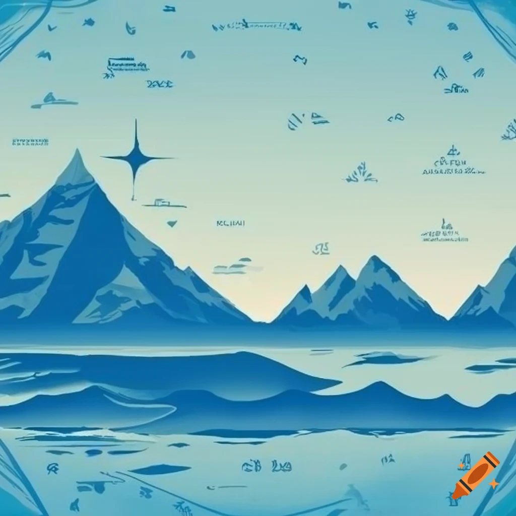 Monochromatic blue flat art background with compass, ocean, mountains ...