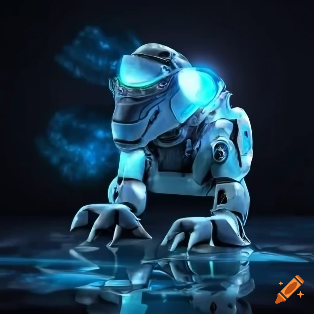 Robot dinosaur with high-tech helmet projecting holograms of dolphins ...