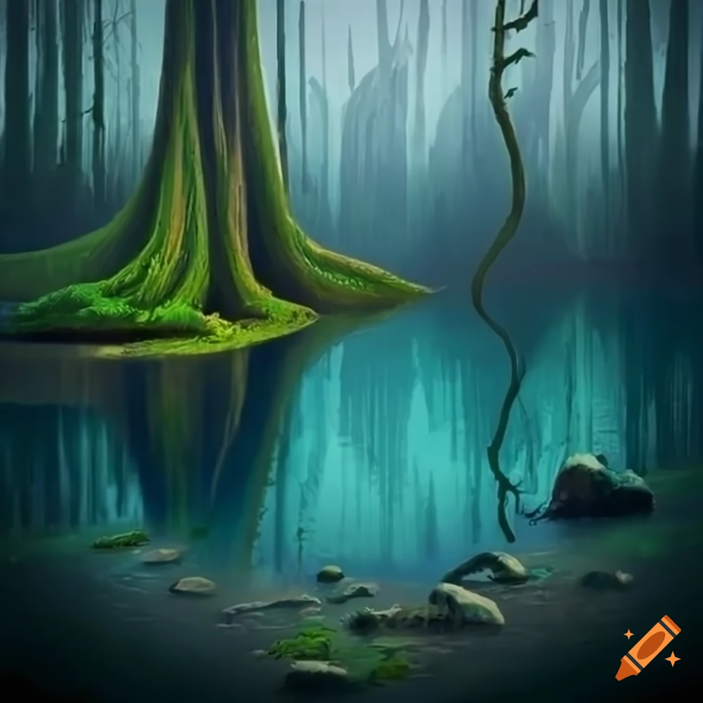 Enchanted saltwater mountain lake surrounded by an eerie forest at ...