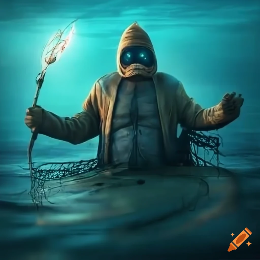 Greedy supervillain fishing with a net from a big ship, overfishing ...