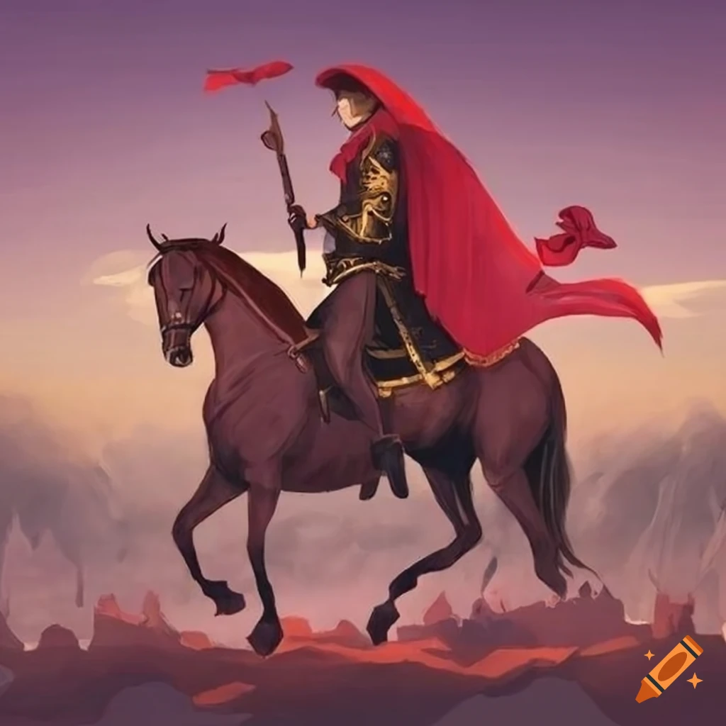 Saint martin riding a horse on a battlefield with a bright red cape in ...
