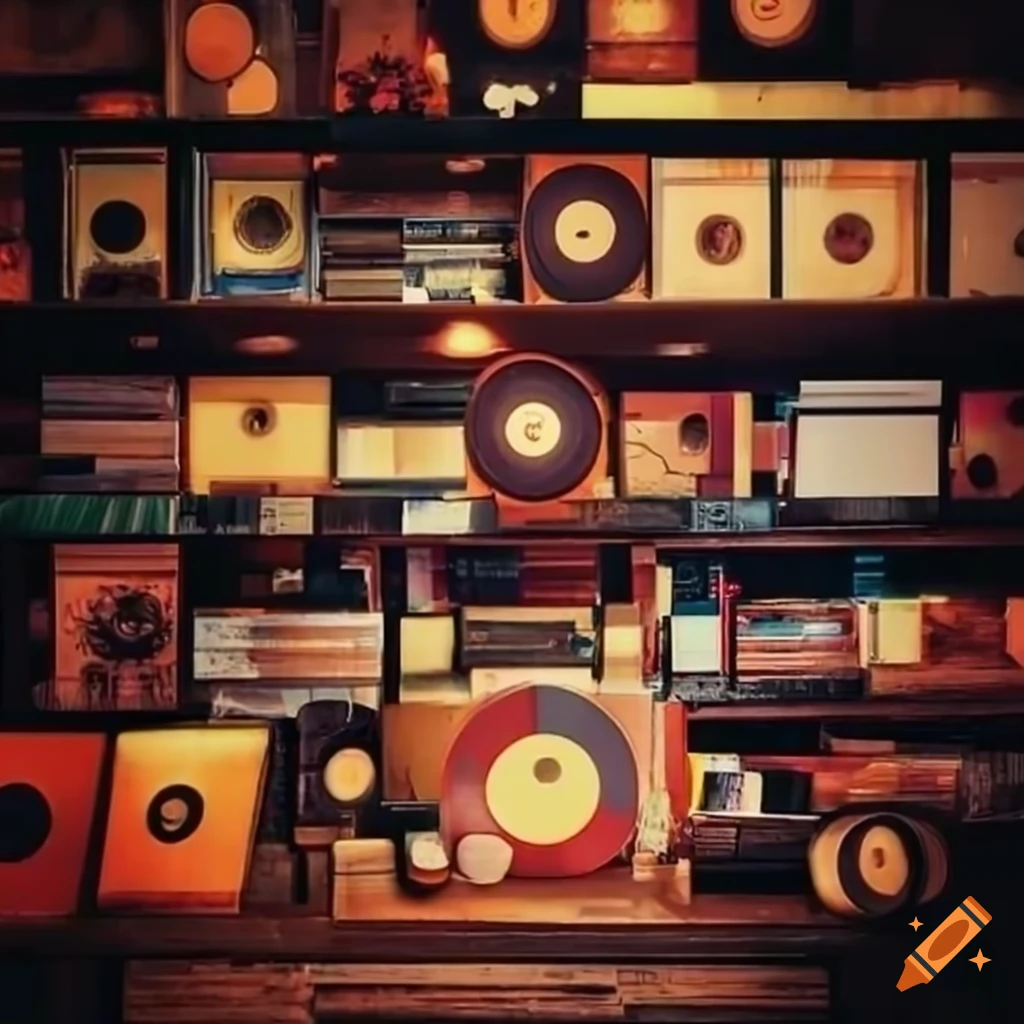 Cozy corner of a vintage shop with colorful vinyl records on shelves on ...