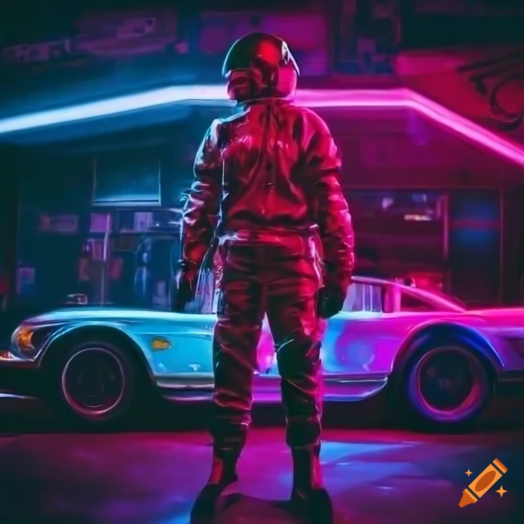 Spaceman with neon lights in front of a retro sports car in cyberpunk ...