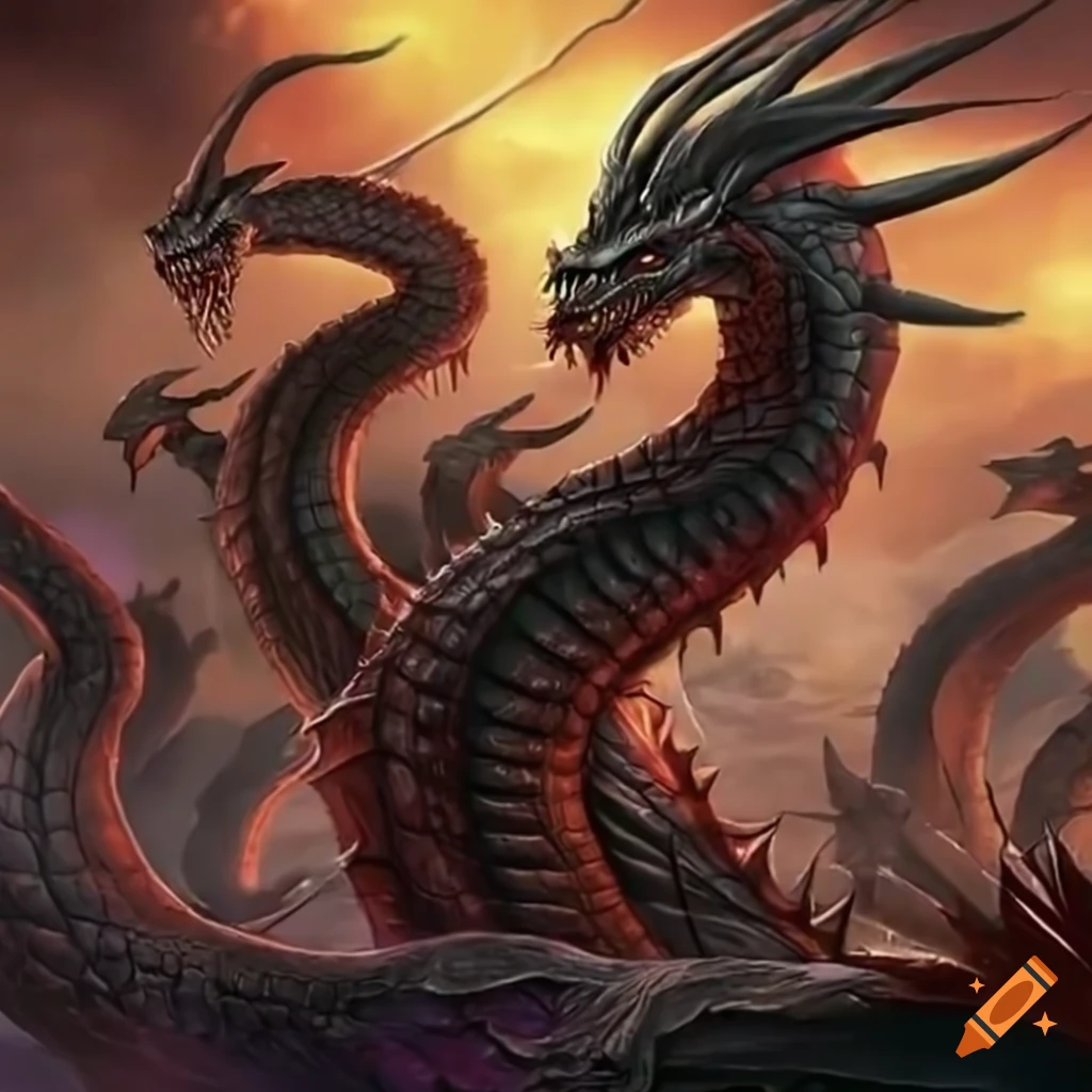 Mythical nine-headed dragon in an epic display on Craiyon