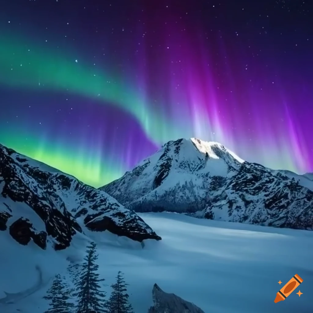 Snow-capped mountains with northern lights on Craiyon
