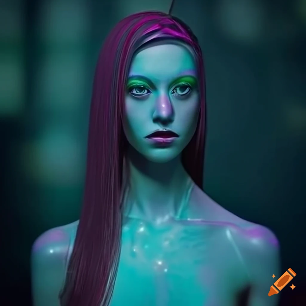 Stunning vogue model girl in neo-pop outfit in a wide alien escape room on Craiyon