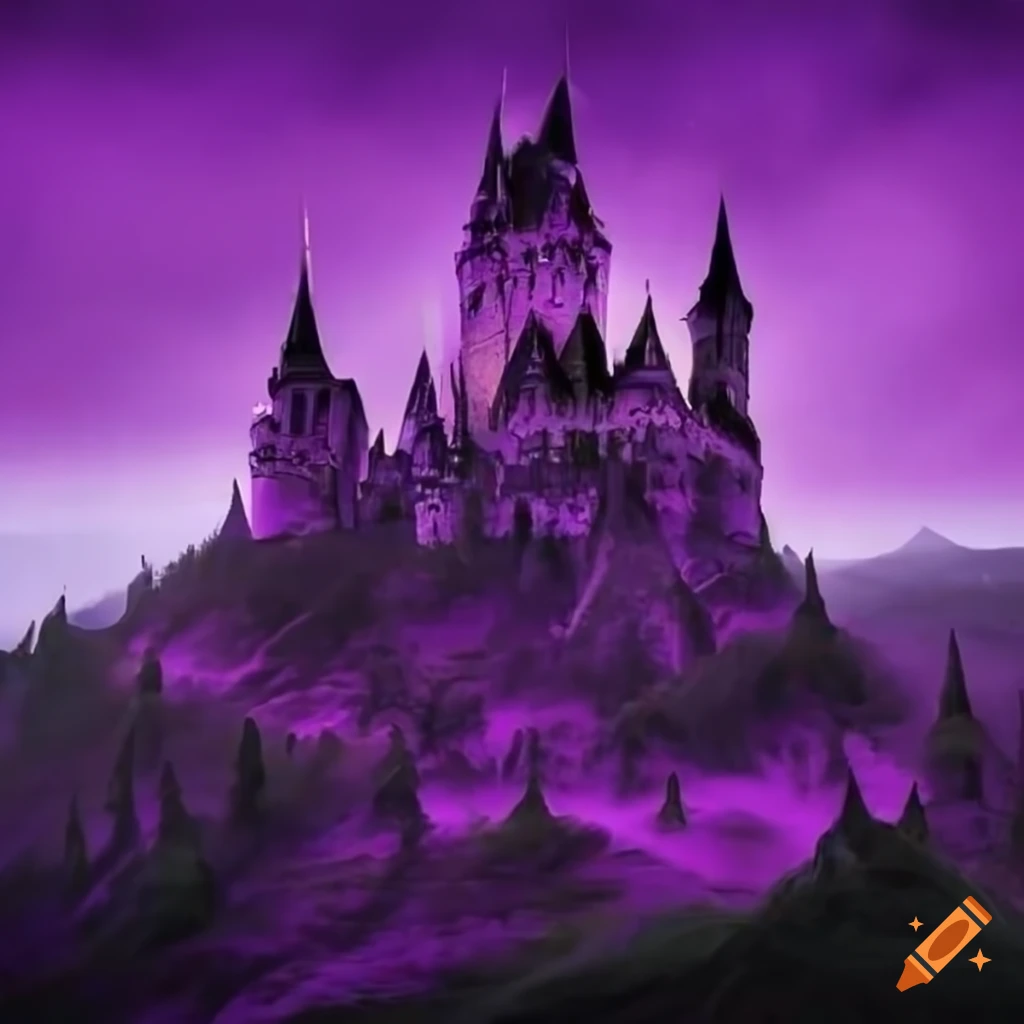 Fantasy castle on a hill in black and purple on Craiyon