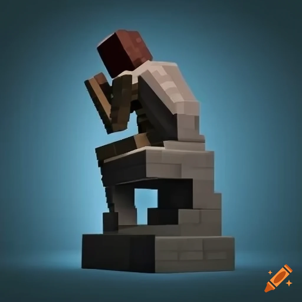 Minecraft steve in the pose of the thinker statue on Craiyon