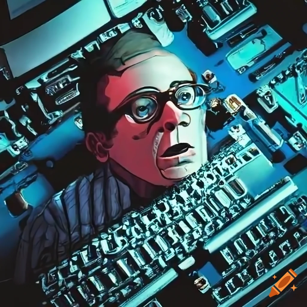 Digital illustration of a person inside a computer on Craiyon