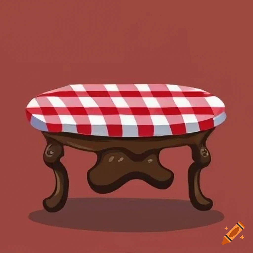 Wooden table with red and white tablecloth in a simple cartoon style on ...