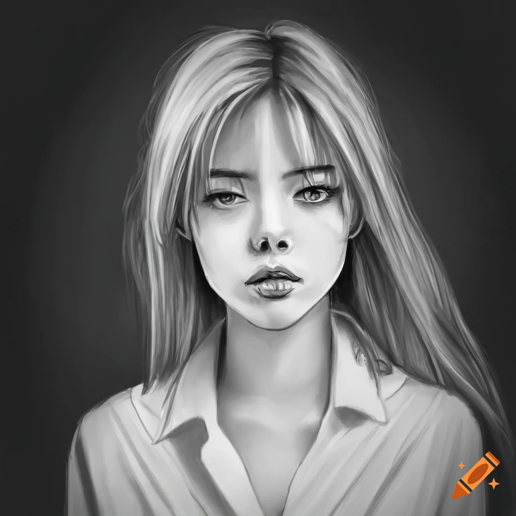 Realistic black and white drawing of a woman in a white button-up shirt ...