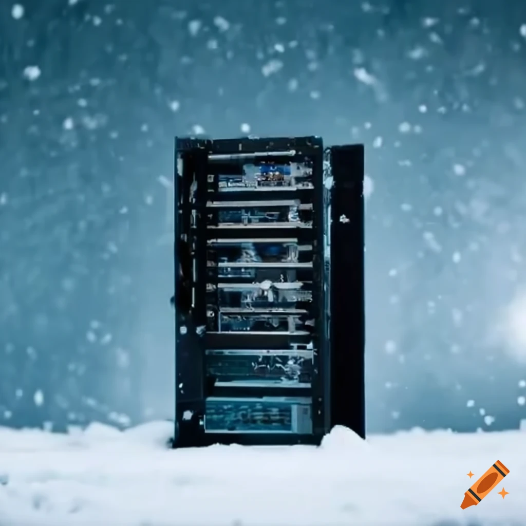 Open computer rack with pc in the snow on Craiyon
