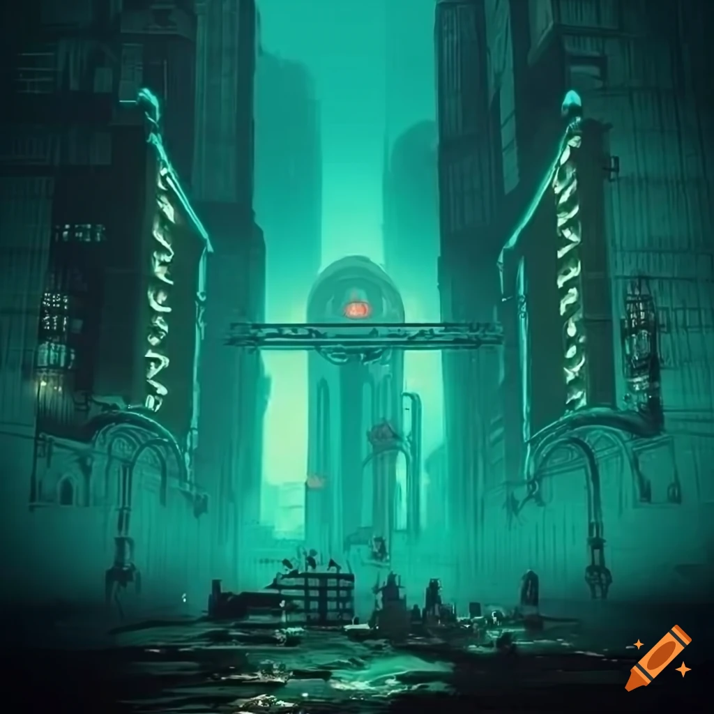 Dieselpunk-themed underwater street with neon signs in Bioshock Rapture ...