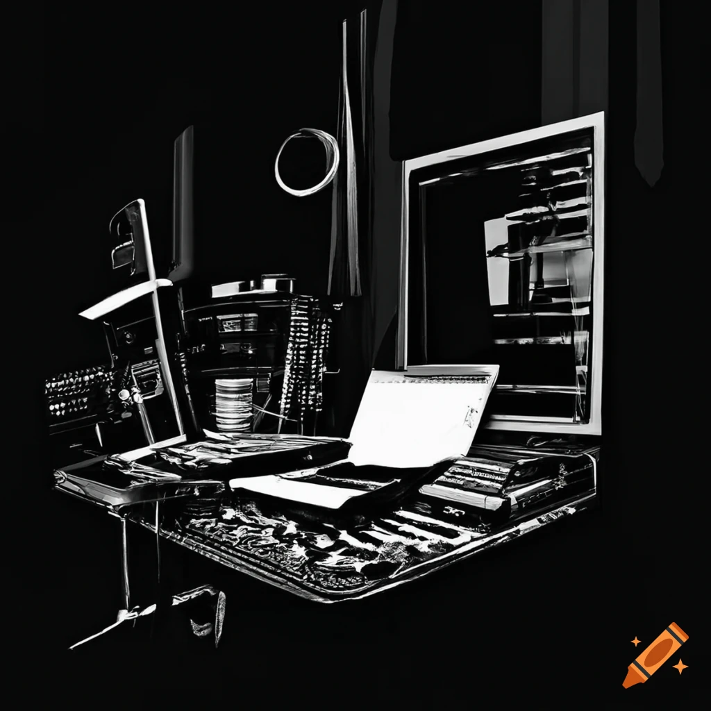 Music studio in black and white comic style on Craiyon