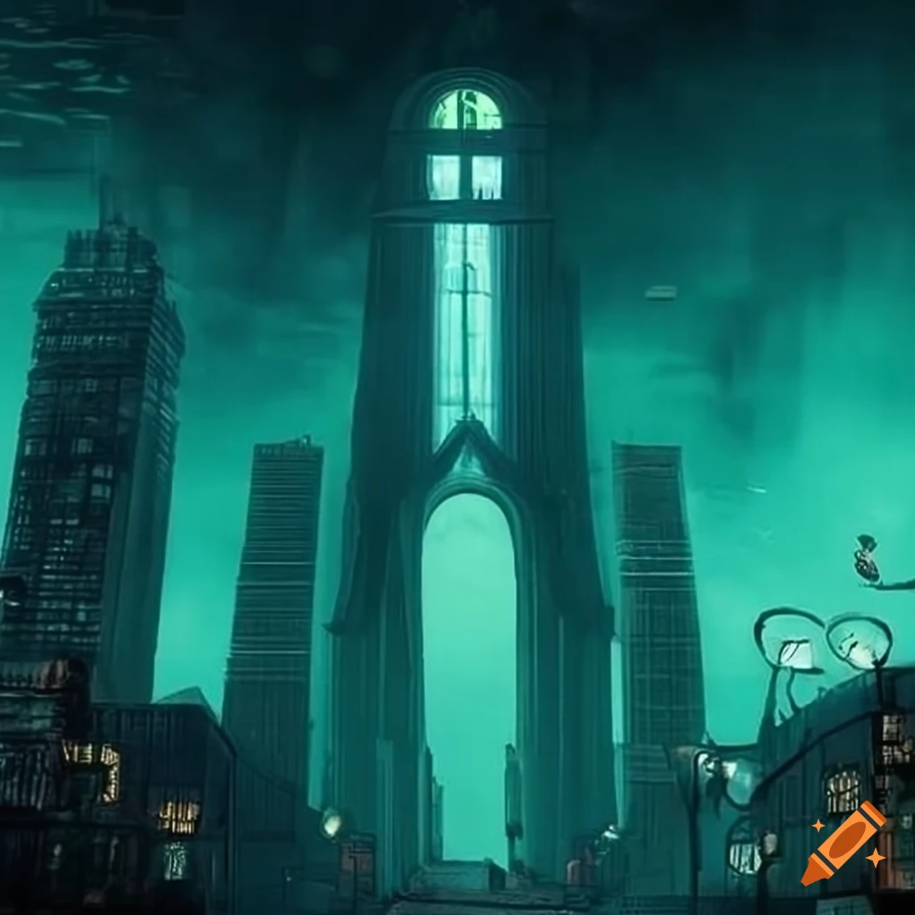 Dieselpunk-themed underwater street with neon signs in Bioshock Rapture ...